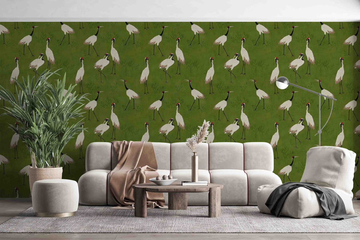 Chinoiserie Cranes Wallcovering – Green Planet Print