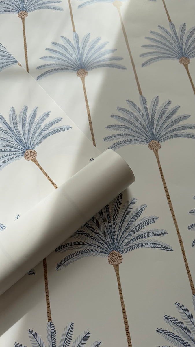 Blue Palm Stripe Wallpaper - Unpasted Thick Textured Paper - 7 Rolls o ...